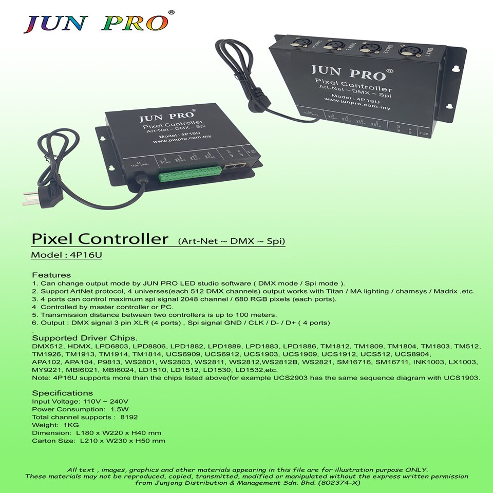 JUN PRO ArtNet DMX Spi Pixel Controller @ 4P16U ( Controller ONLY ) | eBay