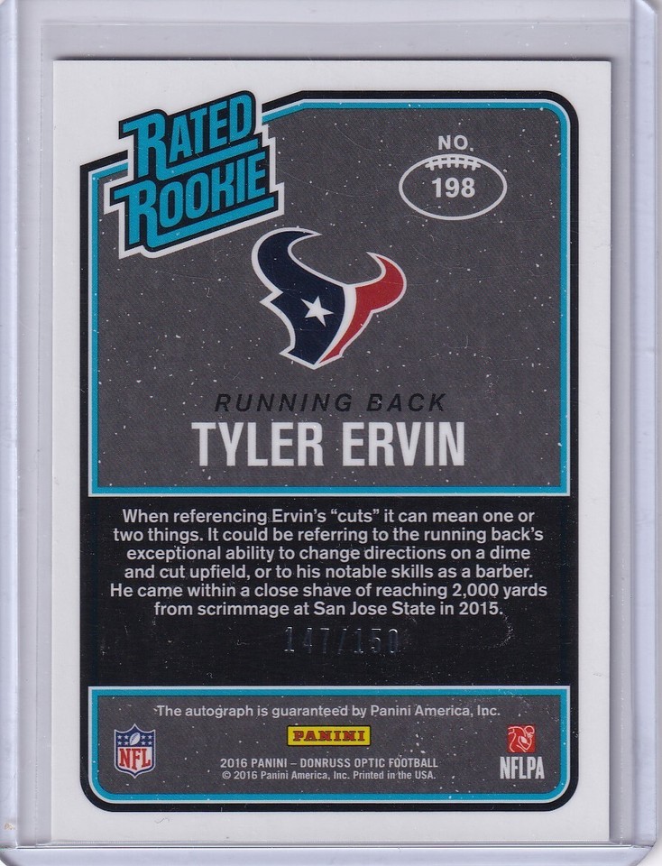 TYLER ERVIN 2016 Panini Donruss Optic RatedRookies Autograph #198 147/ ...