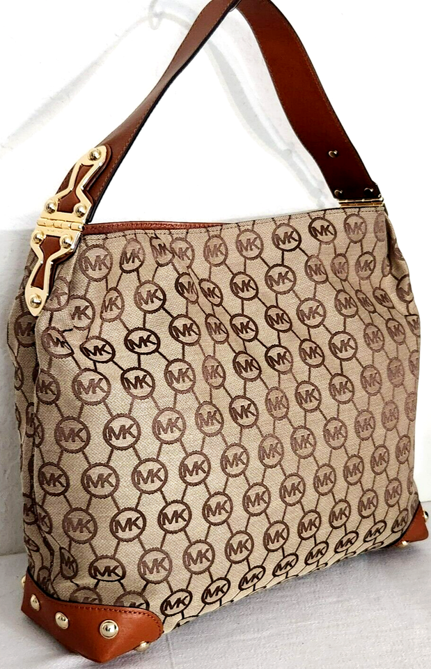 🌞MICHAEL KORS JOPLIN LOGO BEIGE LUGGAGE BROWN TOP HANDLE LG SHOULDER ...