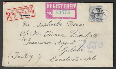 Los Angeles, Cal. 1911 cover w. NY REGISTRATION LABEL to TURKEY, 15c ...