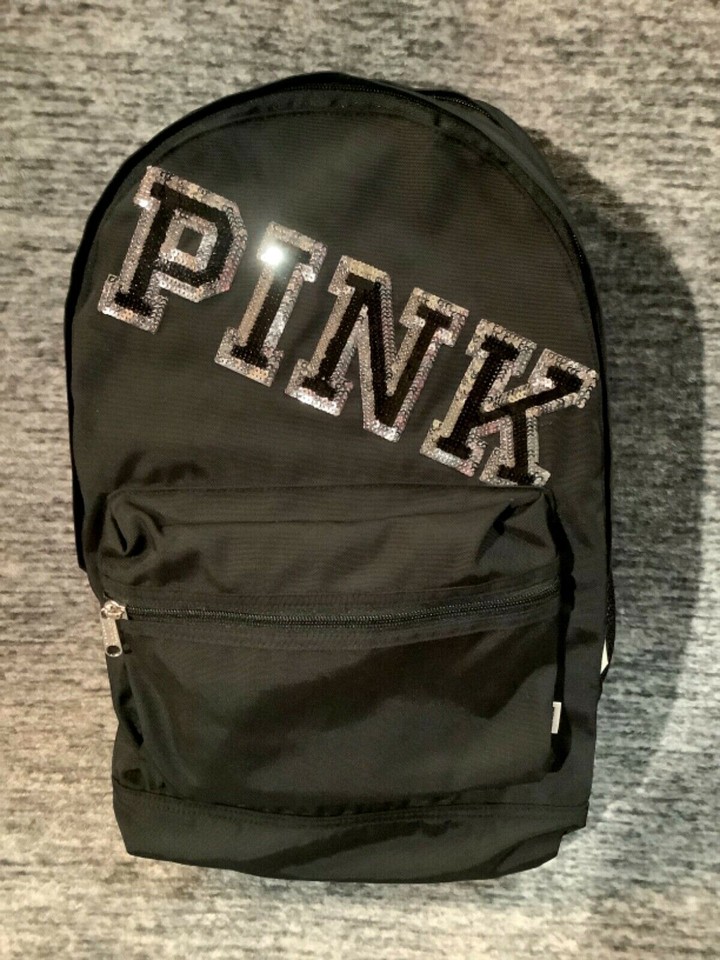 Victoria's Secret Pink Bling Campus Backpack Black Silver Sequins Logo ...