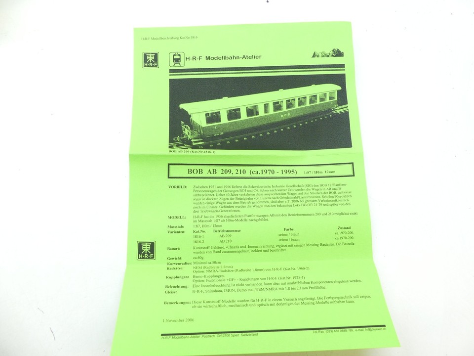 H.R.F. Modellbahn Atelier H0m 1816-1 Personenwagen AB209, BOB, DC, TOP ...