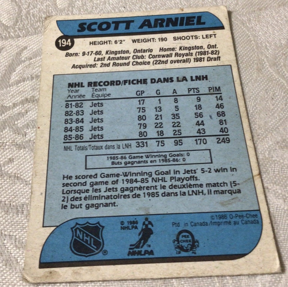 Ice Hockey Card 0 Pee Chee 1986-87 Scott Arniel Winnipeg Jets #194 | eBay