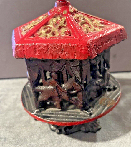 Vintage Cast Iron Spinning Carousel Merry-Go-Round Penny Coin Bank ...