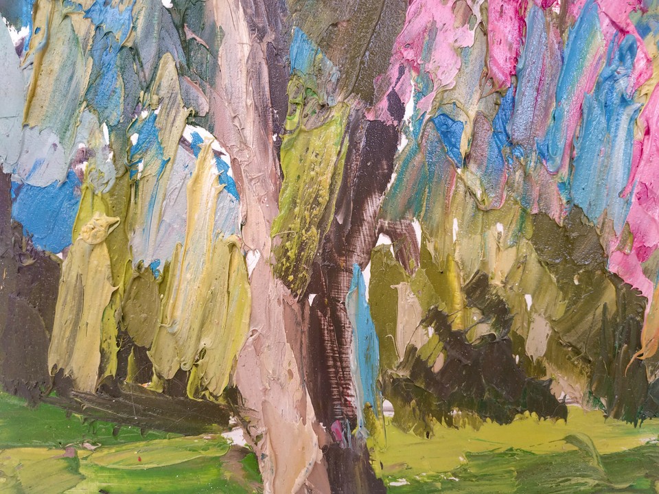 Original Landscape oil painting Abstract Park Spring Blossom Trees ...