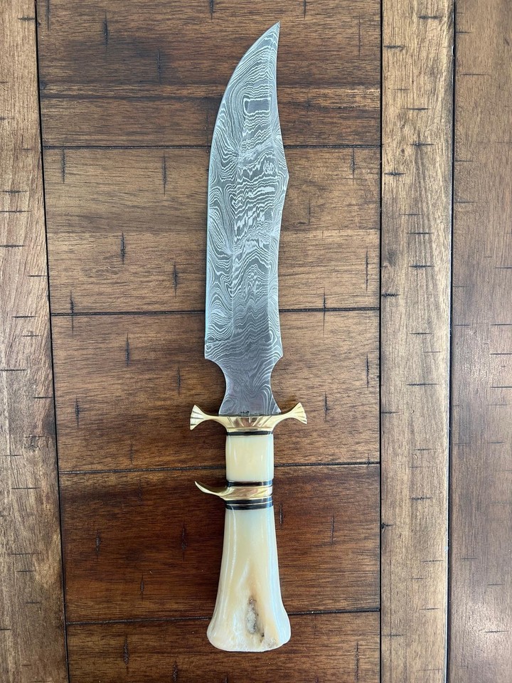 CUSTOM HANDMADE DAMASCUS BONE HANDLE BOWIE WITH BRASS GUARD & SHEATH | eBay