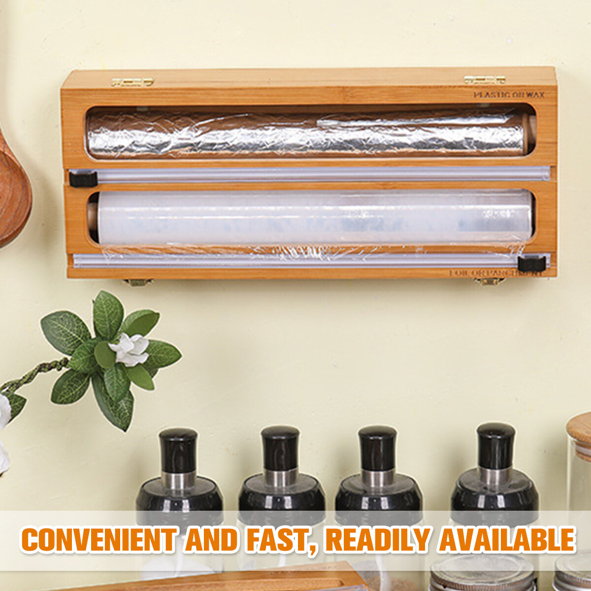 Bamboo Food Wrap Dispenser Cutter Foil Cling Film Storage Holder Box ...