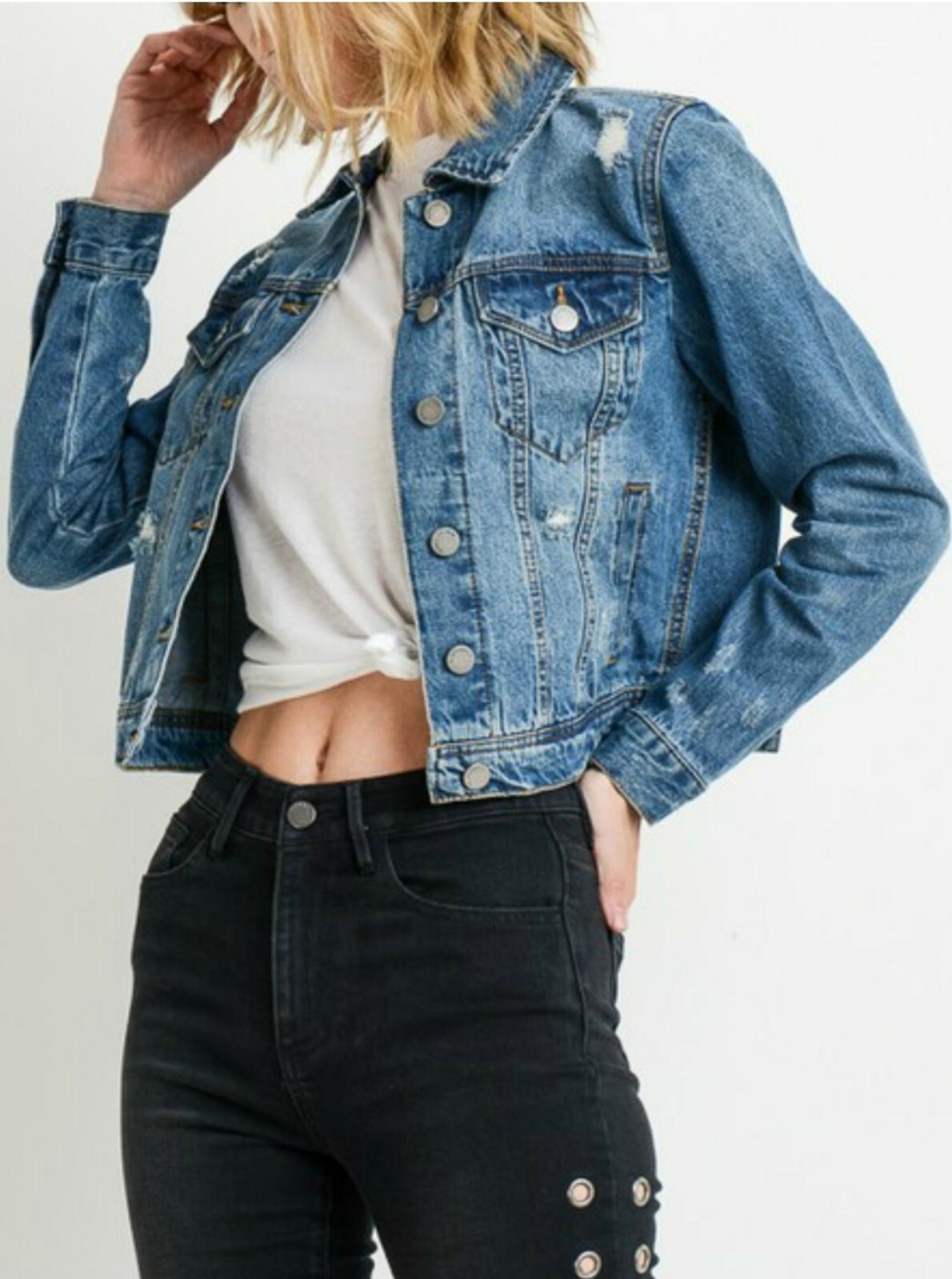 Womens Denim Stonewashed Distressed Jacket Black Labe… - Gem