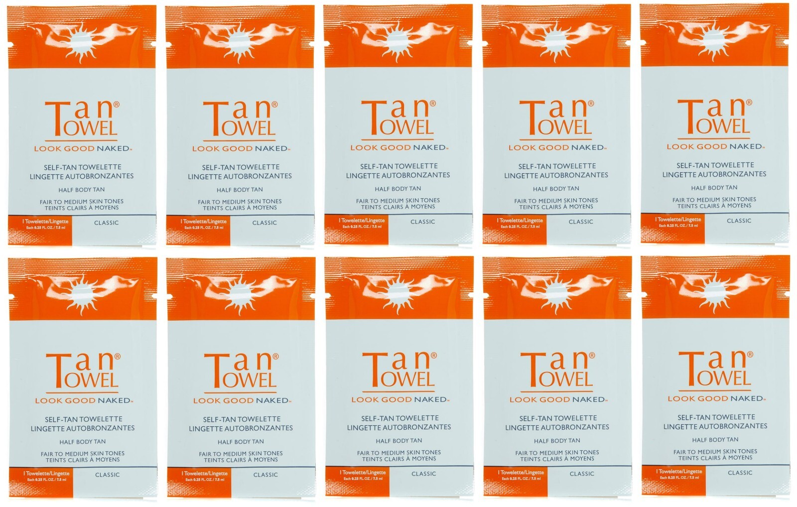 (Lot of 10) TAN TOWEL Self-tan Towelette Half Body Tan, FAIR to MEDIUM ...