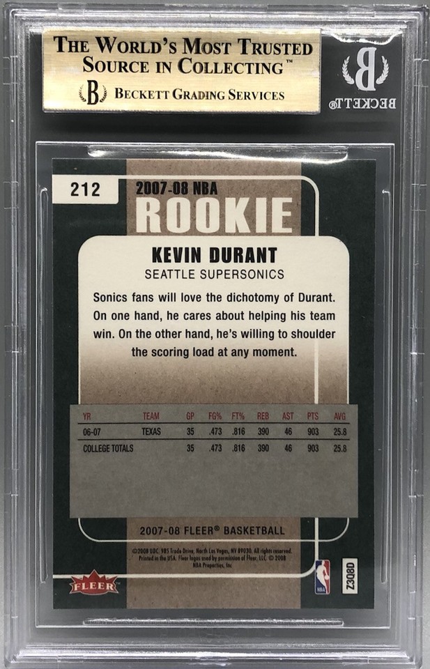 2007-08 Fleer Basketball Kevin Durant RC Rookie Card Sonics NBA BGS 9.5 ...