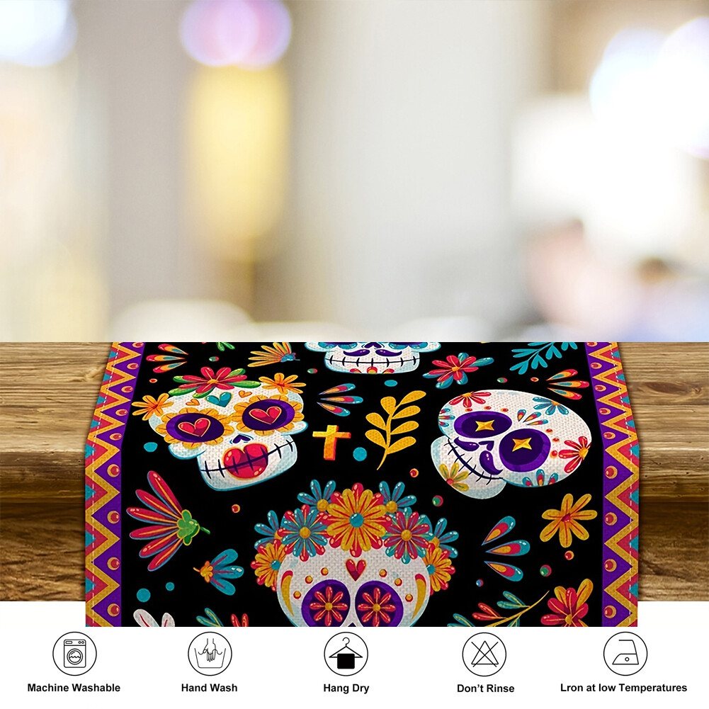 Colorful Skull Linen Table Runner Festival Holiday Kitchen Home Decor ...