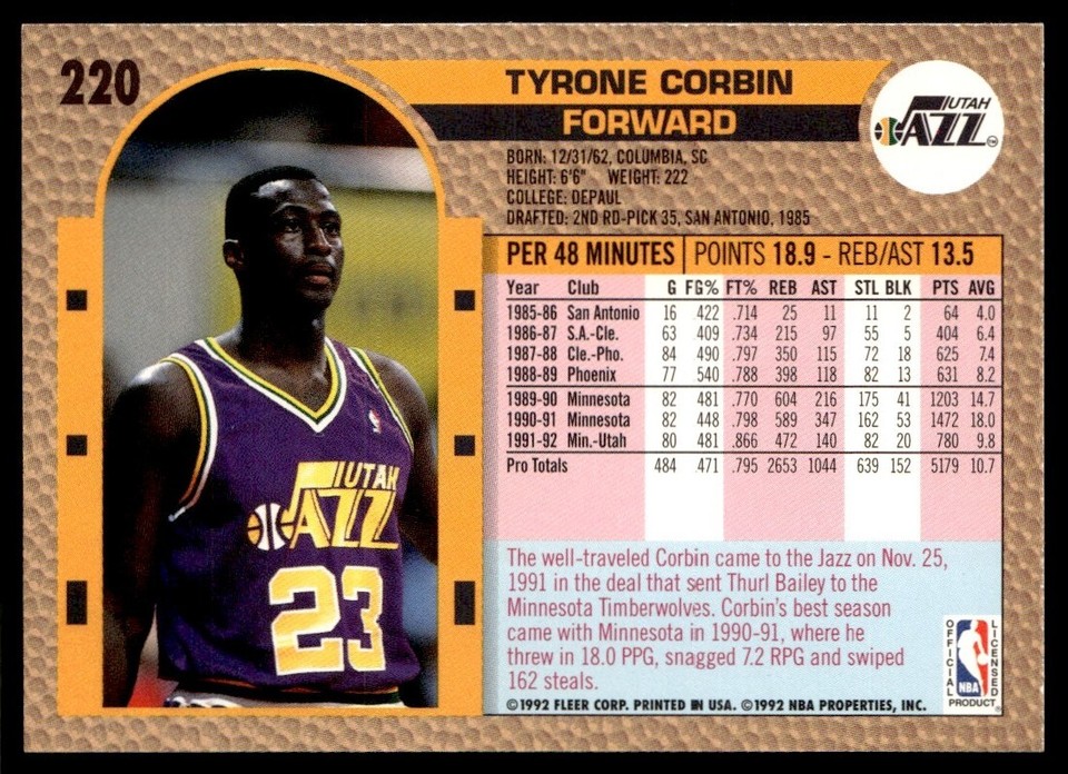 1992-93 Fleer Tyrone Corbin Utah Jazz #220 | eBay