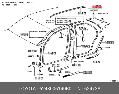 Original garnish, roof side, inner left, 6248006140B0 for TOYOTA 62480 ...