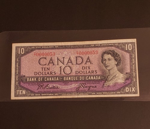 RARE LOW SERIAL NUMBER 1954 Bank of Canada $10 Banknote. Circulated ...