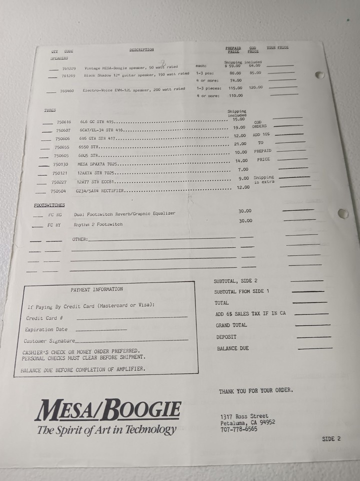 Mesa Boogie Catalog & Order Form 1984 Vintage Guitar Paper Sheets | eBay