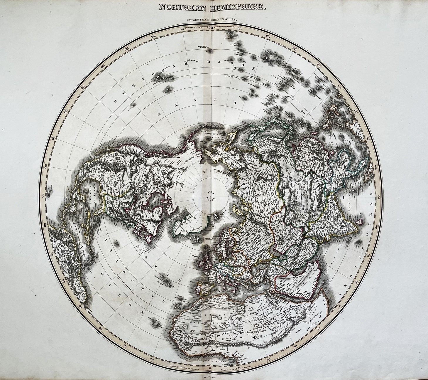 World Map North Pole Northern Hemisphere Europe America Pinkerton Map ...
