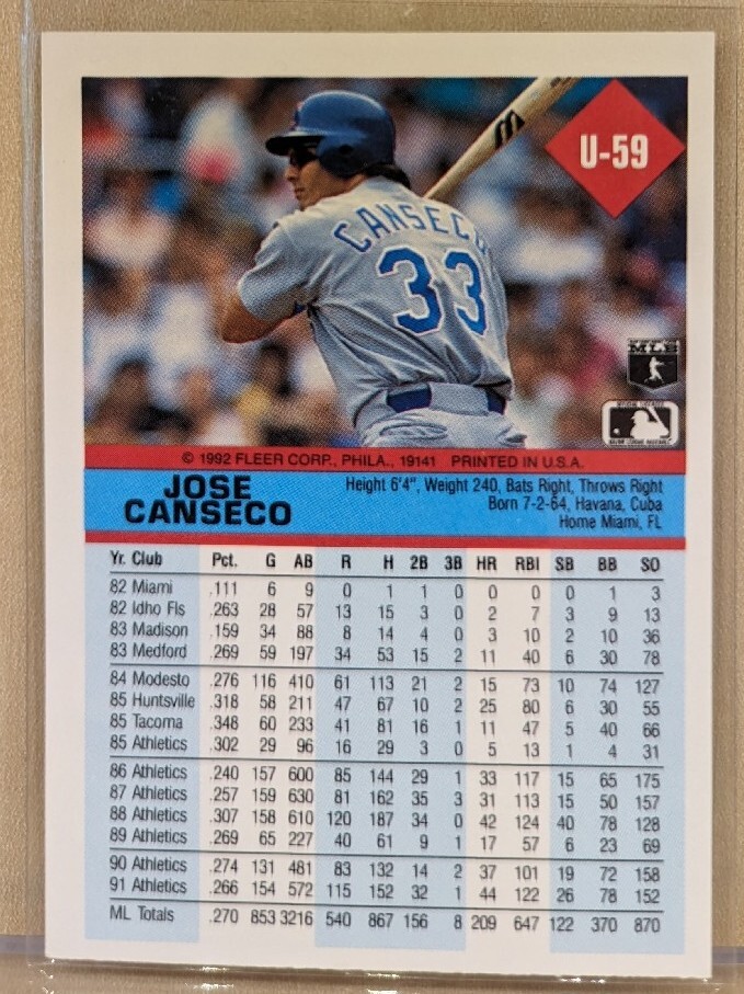 1992 Fleer Update Jose Canseco #U-59 Texas Rangers HTF Box Set Version ...