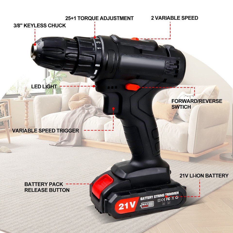 2 Battery 21V Cordless Drill Combi Driver High Power Electric ...