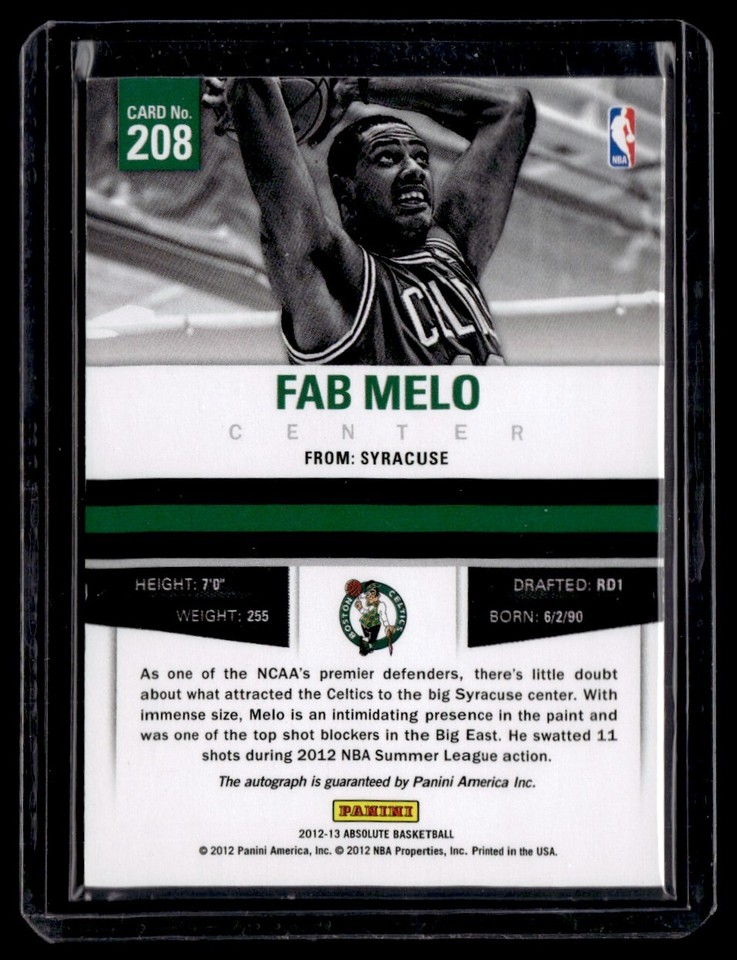 2012-13 Panini Absolute Fab Melo Rookie Auto 243/249 Boston Celtics ...