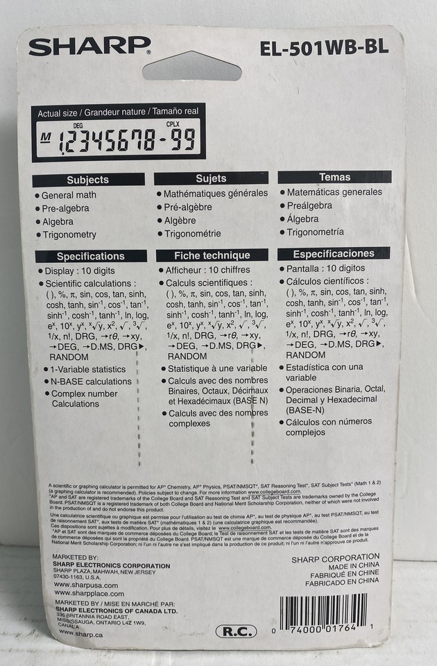Sharp Scientific Calculator EL-501WB - BL 131 Functions New 74000017641 ...