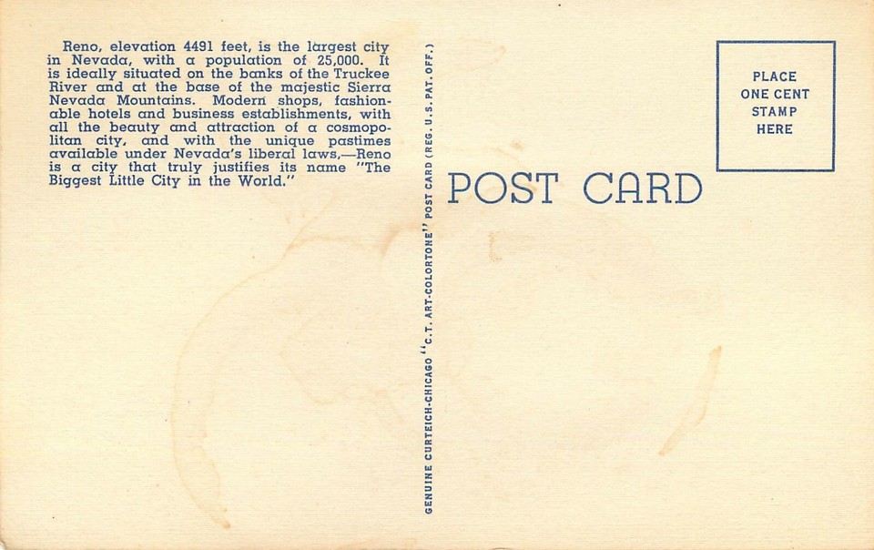 Reno Nevada Air View Vintage Linen Postcard Curteich 1B 1941 | eBay