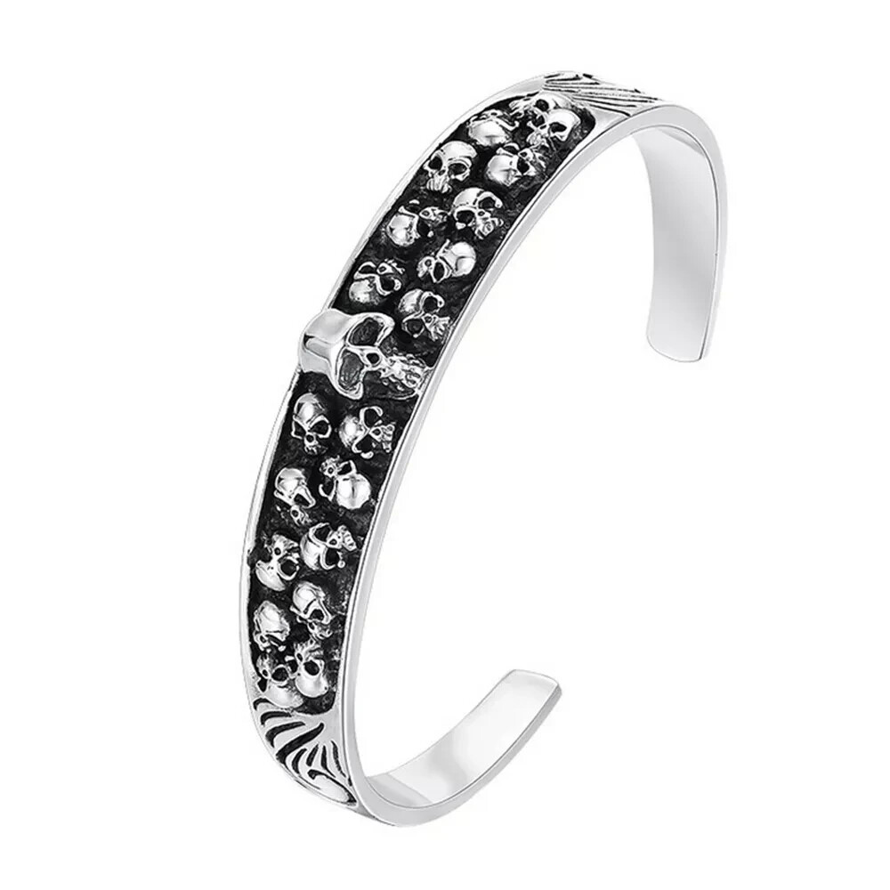 Real Solid 925 Sterling Silver Cuff Bracelet Skeletons Skull Open ...