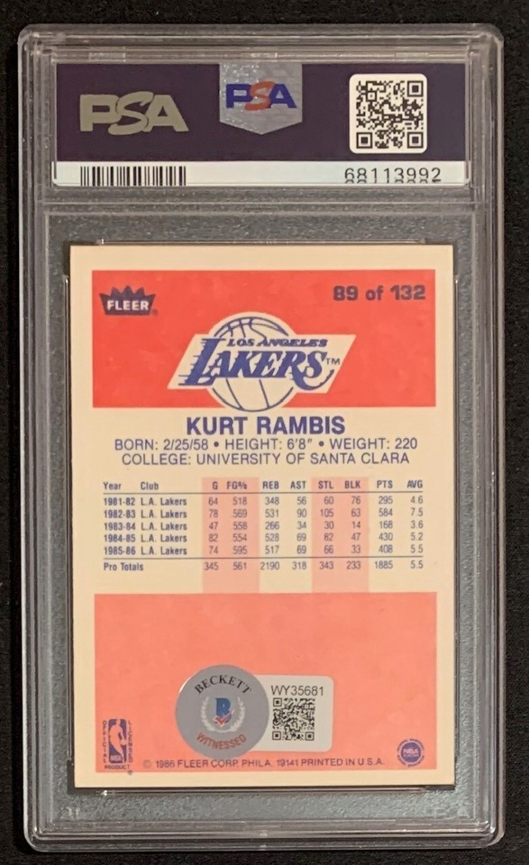 Kurt Rambis 1986 Fleer Basketball Signed Rookie Card #89 Auto Graded ...