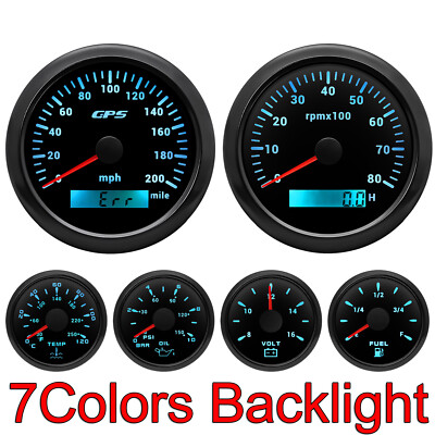 6 Gauge Set 85MM GPS Speedometer Tacho & 52mm Fuel Gauge Temp Oil Volt ...