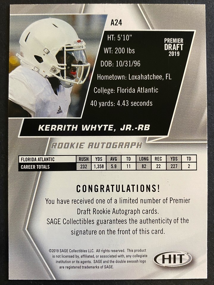 Kerrith Whyte Jr. 2019 SAGE HIT Autograph Card Florida Atlantic Owls #A24 | eBay