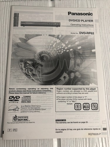 Panasonic DVD/CD PLAYER OPERATING INSTRUCTIONS MANUAL DVD-RP62 | eBay
