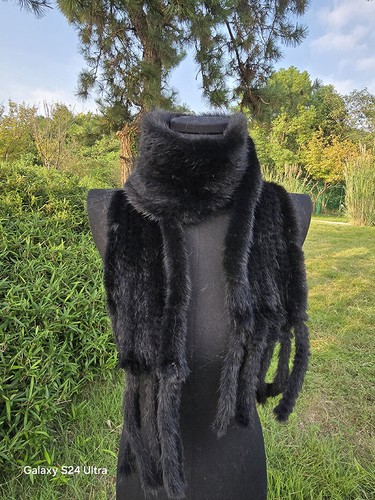 Knit 100% real mink fur scarf 150*14 cm black neck wrap /unisex gift ...
