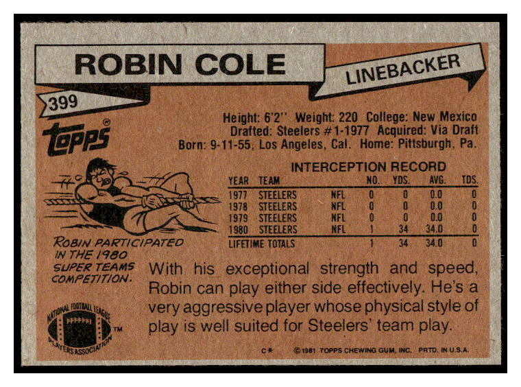 1981 Topps #399 Robin Cole Pittsburgh Steelers Rookie Excellent | eBay