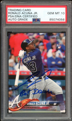 2018 Topps #698 Ronald Acuna Jr. RC Signed Bat Down PSA/DNA Auto GEM ...