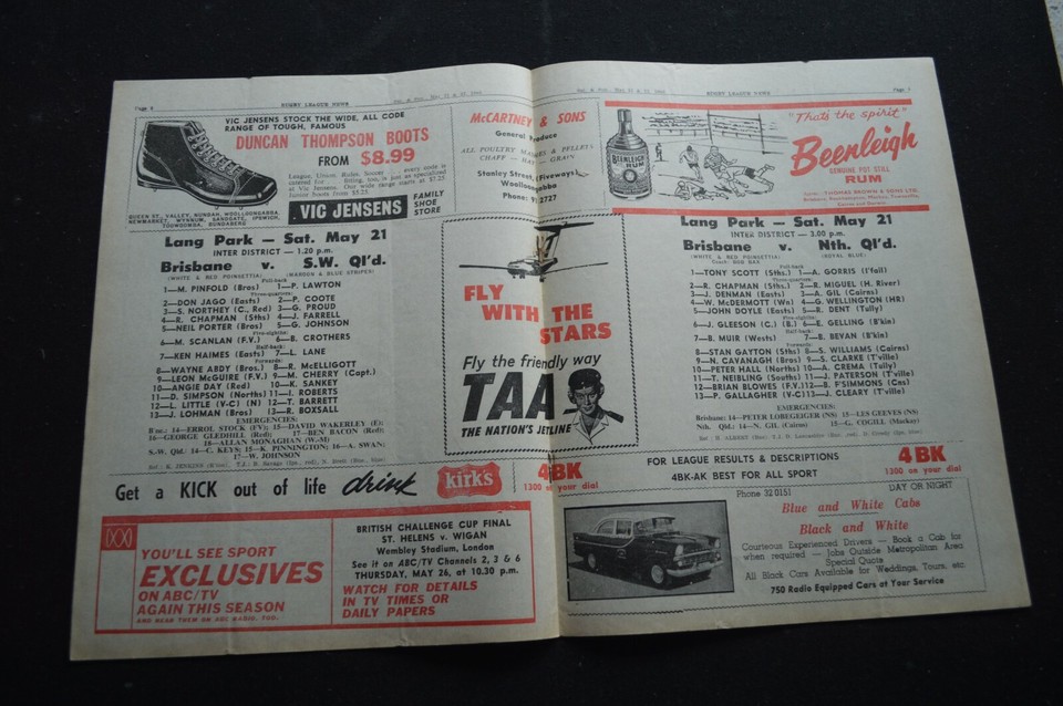 BRISBANE VS NTH QLD /SOUTH WEST QLD RARE ORIGINAL 1966 PROGRAMME! BRL ...