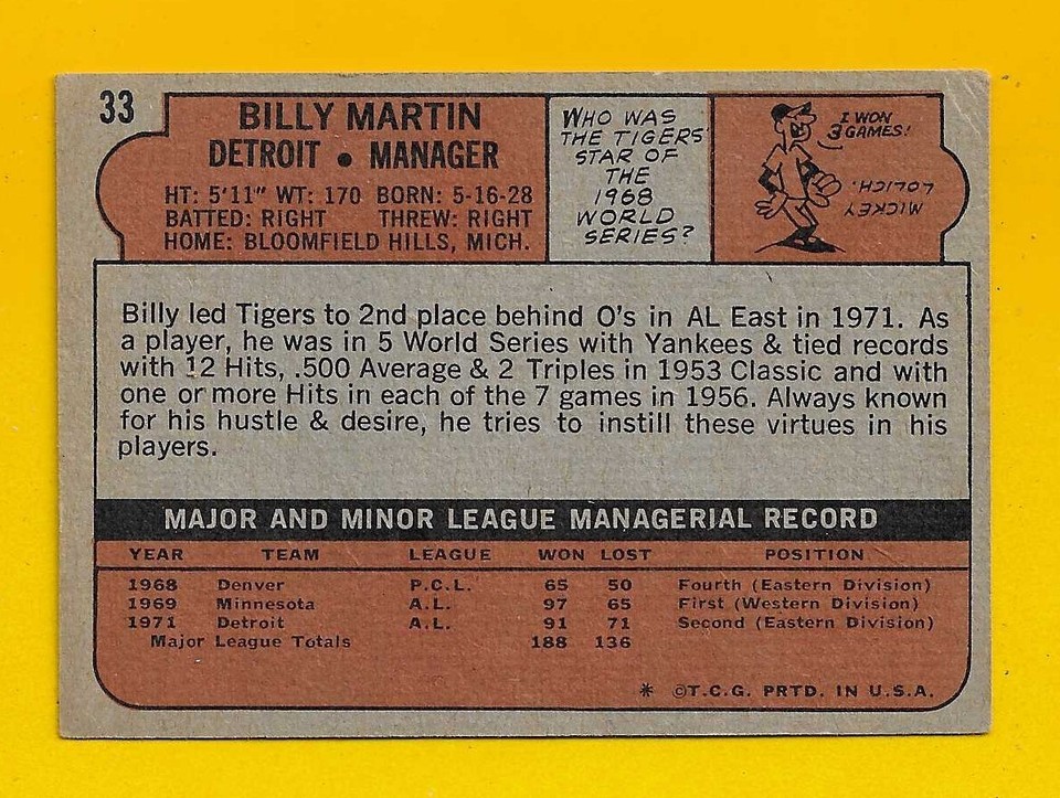 71426 1972 Topps #33 Billy Martin MIDDLE FINGER NO CREASES EX | eBay