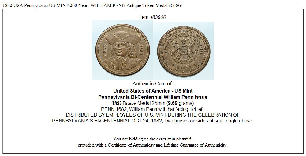 1882 USA Pennsylvania US MINT 200 Years WILLIAM PENN Antique Token ...