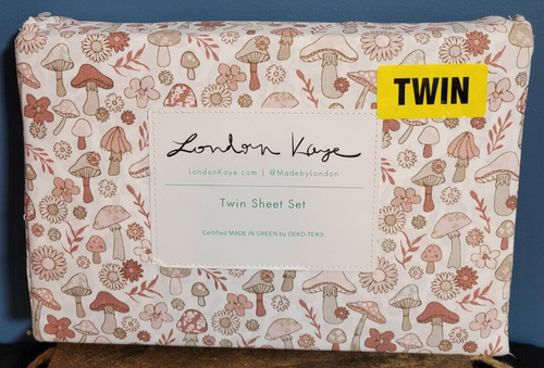 LONDON KAYE Twin Size Sheet Set 3pc Mushrooms & Flowers Made in Green ...