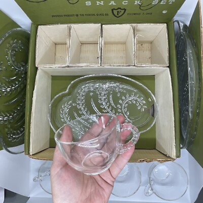 Vintage Federal Glass Co. Hospitality Crystal Glass Snack Set 4 Cups ...
