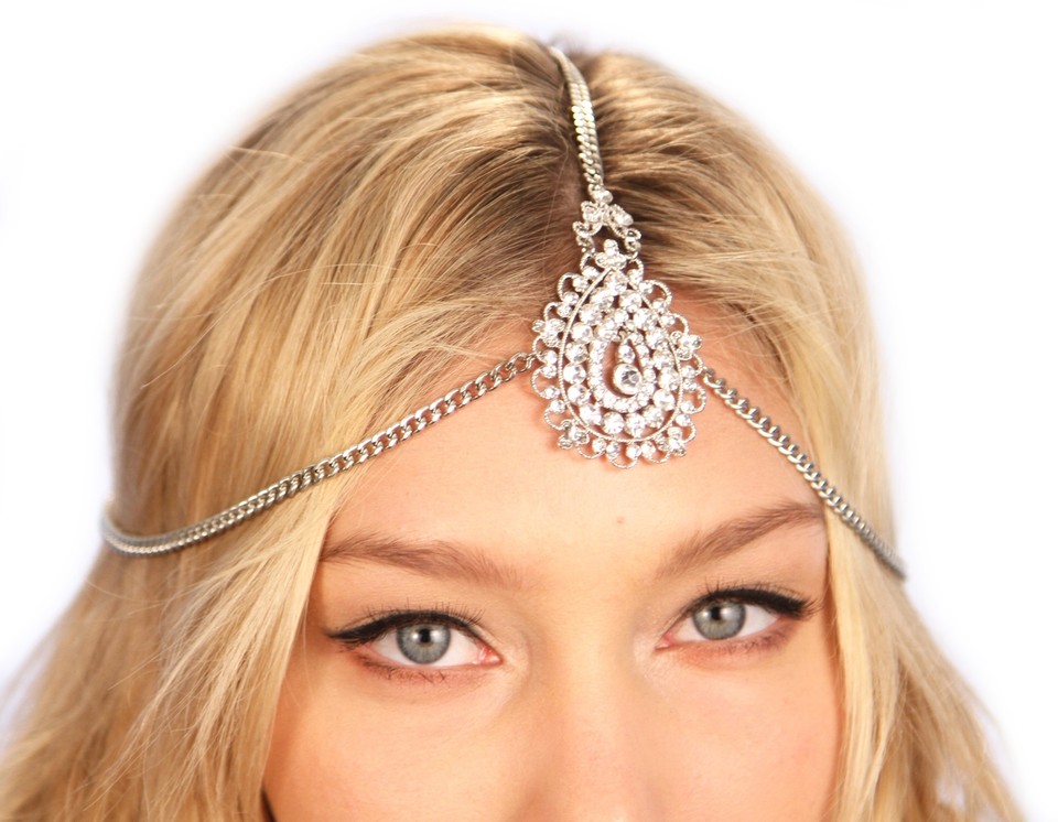 Kristin Perry Silver Tikka Crystal Pendant Chain Bridal Headpiece ...