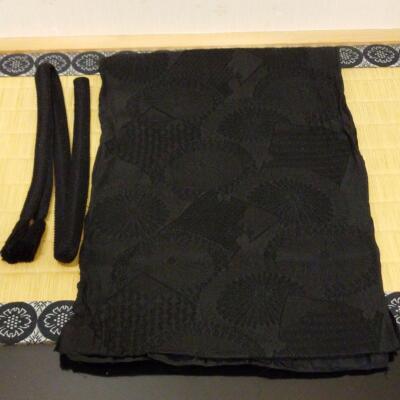 OBIJIME & OBIAGE Set Pure Silk Black Flower Japanese Kimono Furisode ...