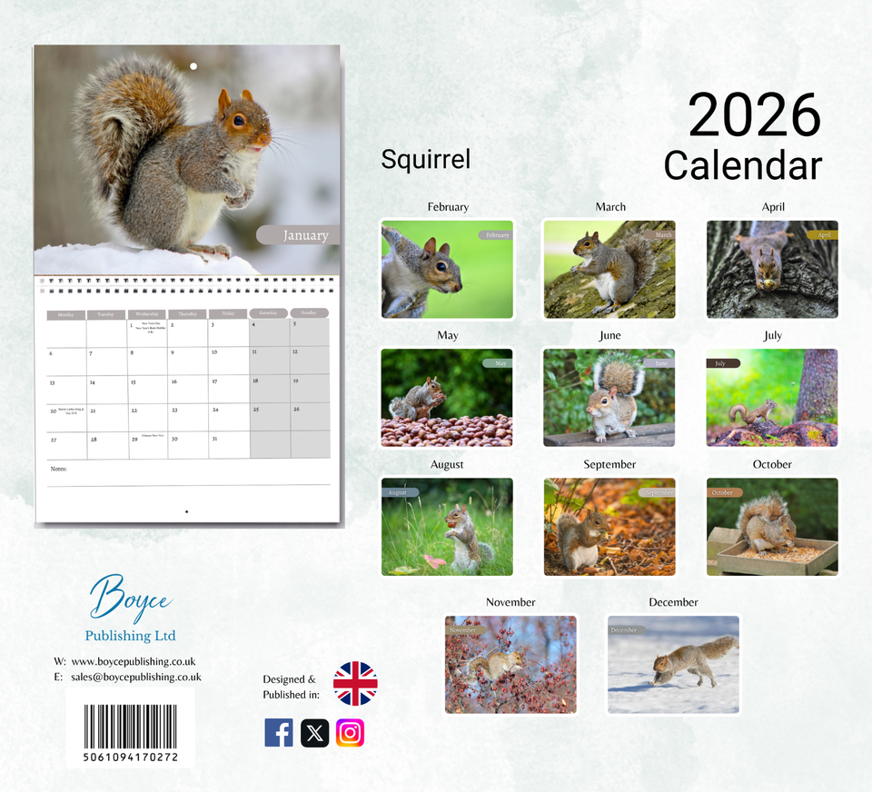 Squirrel Calendar 2026: Monthly Wall Calendar with Notes, opens to A3 ...