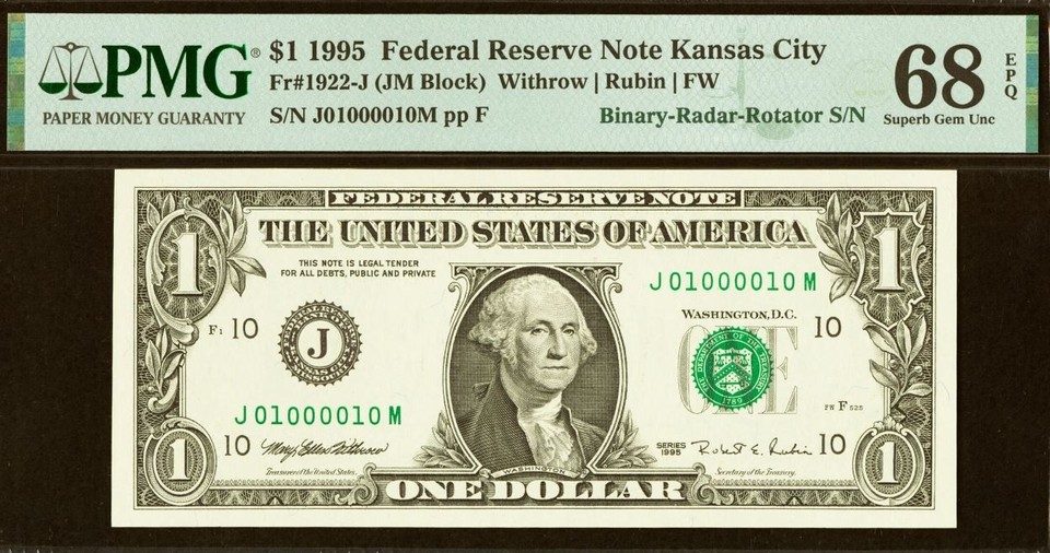 1995 $1 Federal Reserve Note PMG 68EPQ - Binary-Radar-Rotator Serial ...