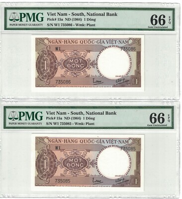 VIETNAM-SOUTH Lot 2 Notes x 1 Dong 1964 P#15a PMG: 66 EPQ UNC. #PL652 ...