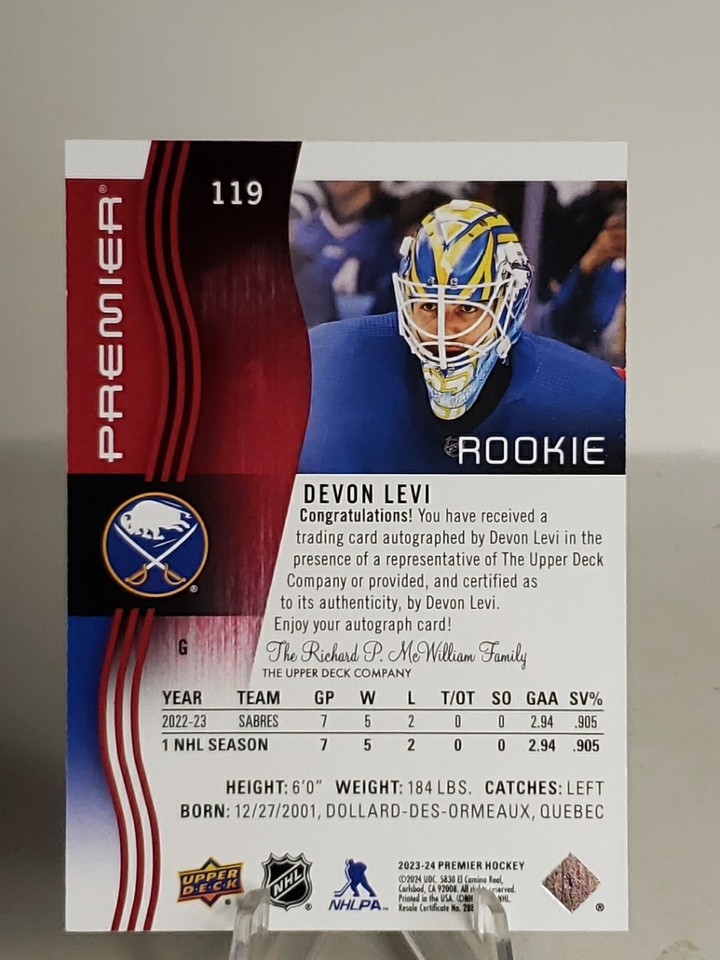2023-24 UPPER DECK PREMIER RED ROOKIE AUTO DEVON LEVI BUFFALO SABRES RC ...
