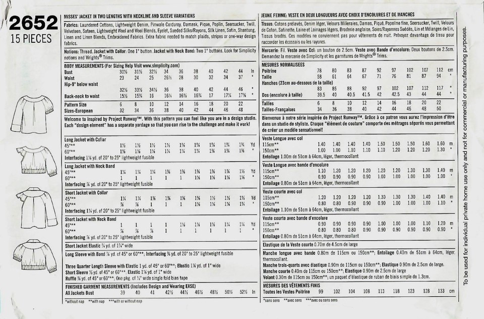 Simplicity Project Runway Sewing Pattern Misses/Juniors/Womens Sizes U ...