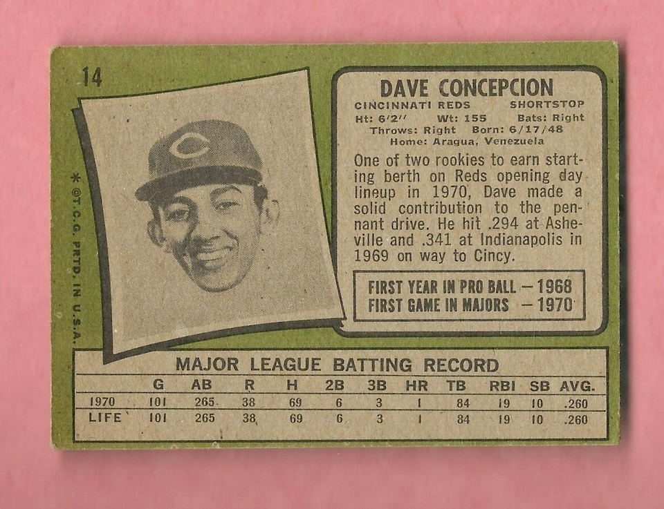DAVE CONCEPCION 1971 TOPPS ROOKIE VINTAGE CARD #14 REDS MLB GREAT ...