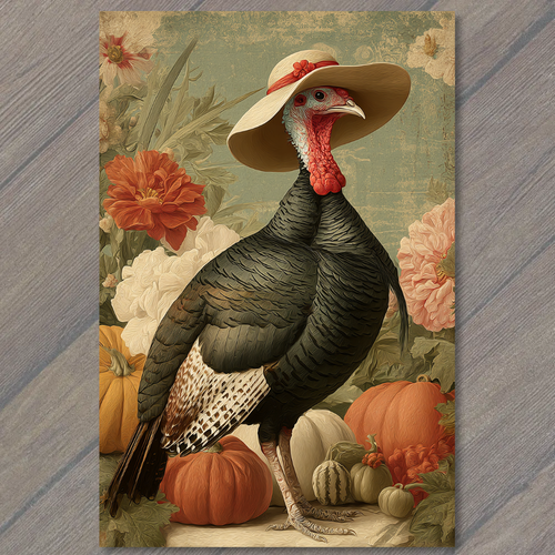 Art Print Turkey Wearing Hat Surrounded By Pumpkins Autumn Flowers ...