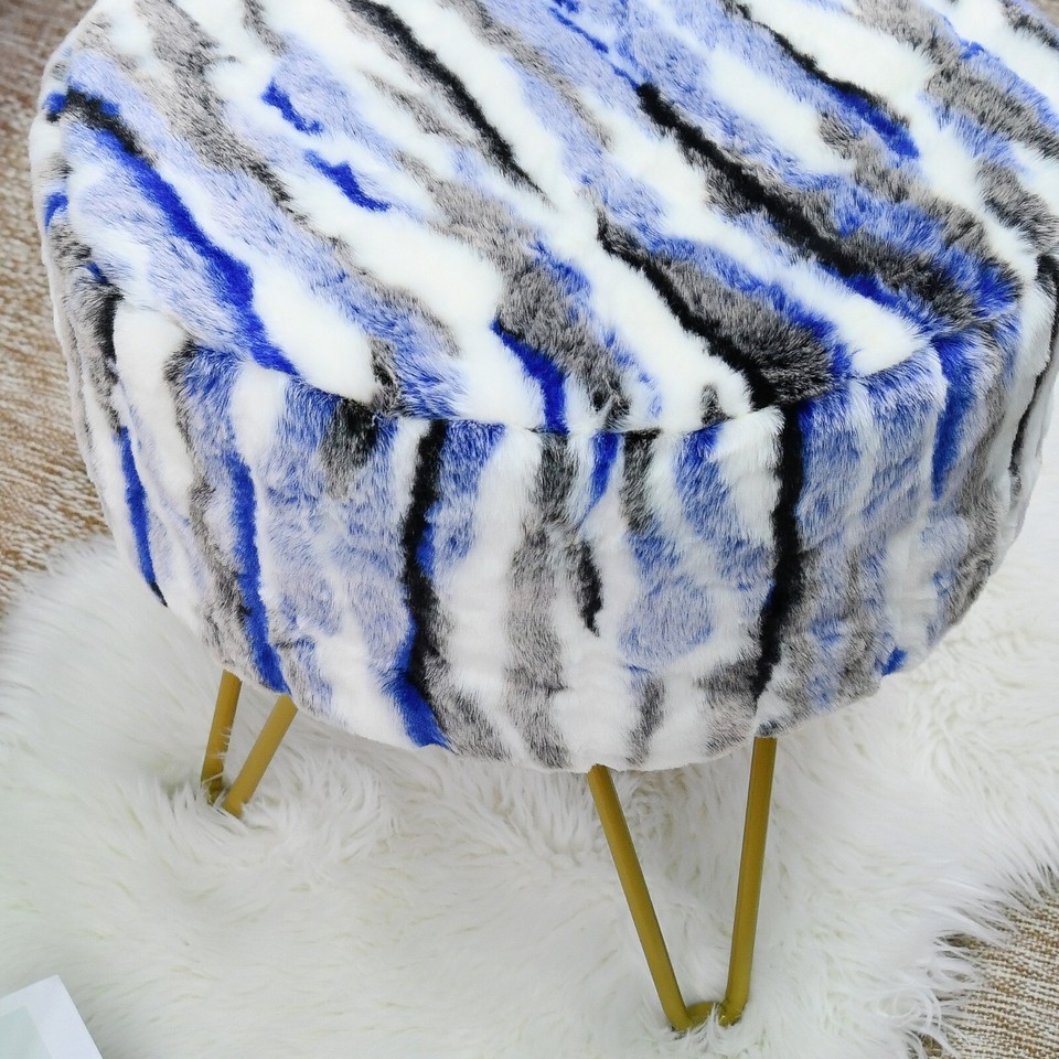Luxury Plush Multi Jacquard Faux Fur Ottoman Round Foot Rest Stool for ...