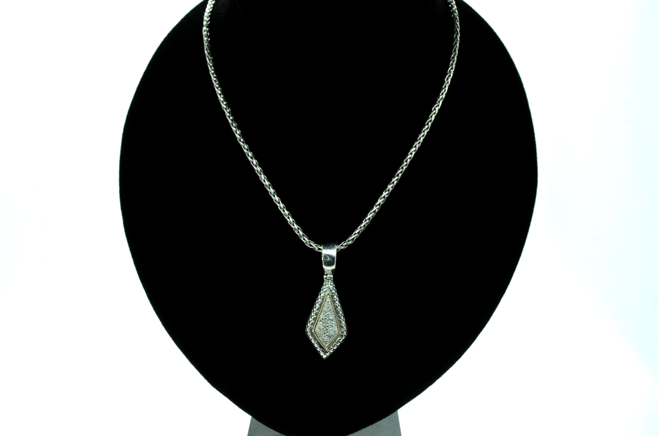 EFFY (c) Sterling Silver and 18K WG Paved Diamond Pendant w/ 18" Wheat ...