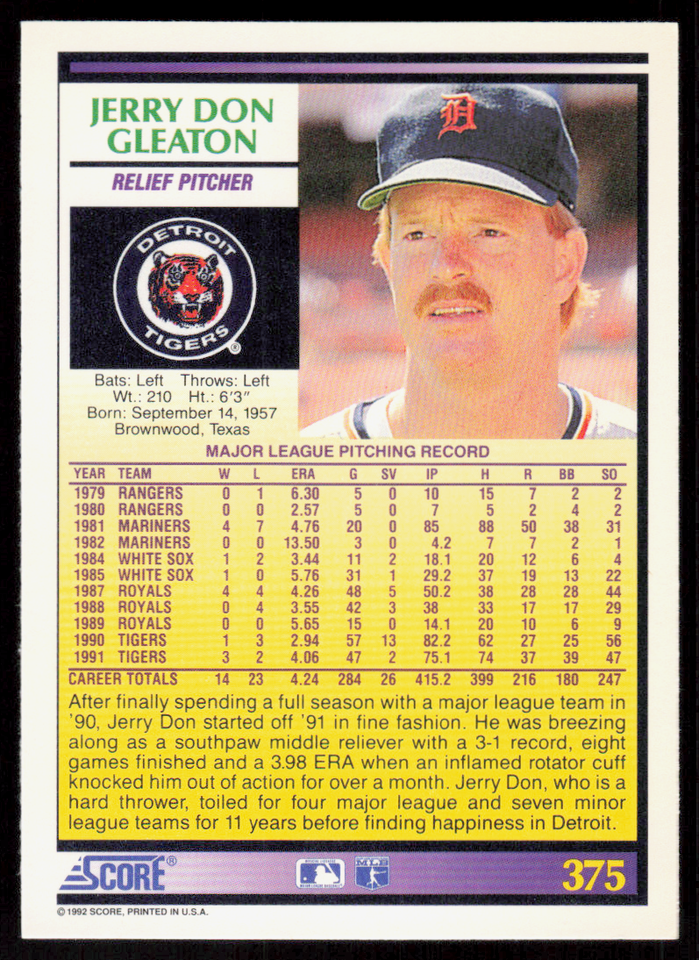 1992 Score 375 Jerry Don Gleaton Detroit Tigers | eBay